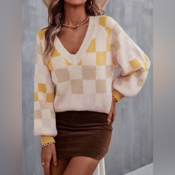Boutique | Sweaters | Pastel Yellow Checkered Vneck Lantern Sleeve ...